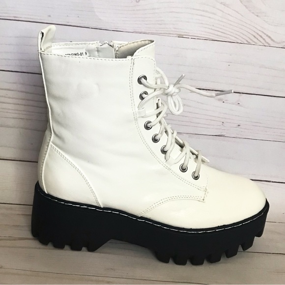 BAMBOO | Shoes | Bamboo White Lace Up Lug Sole Platform Combat Boots ...